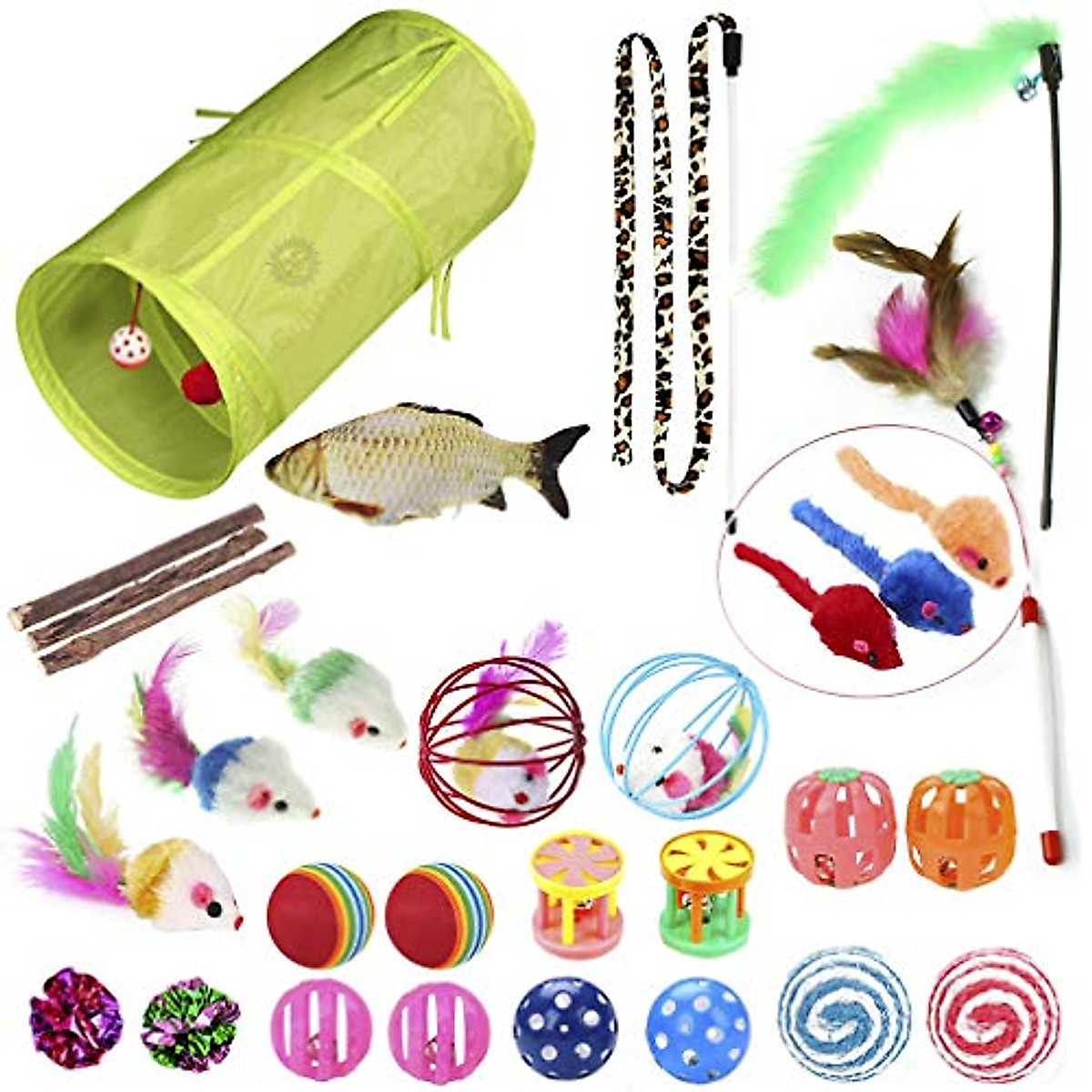 SunGrow Ferret Tunnel and Assorted Toys Variety Pack, Interactive Kitten & Ferret Toys & Accessories, for Indoors, Teaser Wand, Crinkle Balls, Bell Set, etc., 30 Pcs per Pack