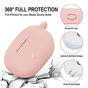 Filoto Case for New Beats Studio Buds 2021, Silicone Beats Studio Buds Charging Case Cover Wireless Earbuds Shockproof Protective Accesorries with Pom Pom Keychain(Pink)