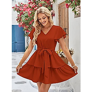 ZAFUL Women's Short Flutter Sleeve Mini Dress V Neck Waist Tie Tiered Flare Casual 2023 Summer Dress (Brick Red, M)