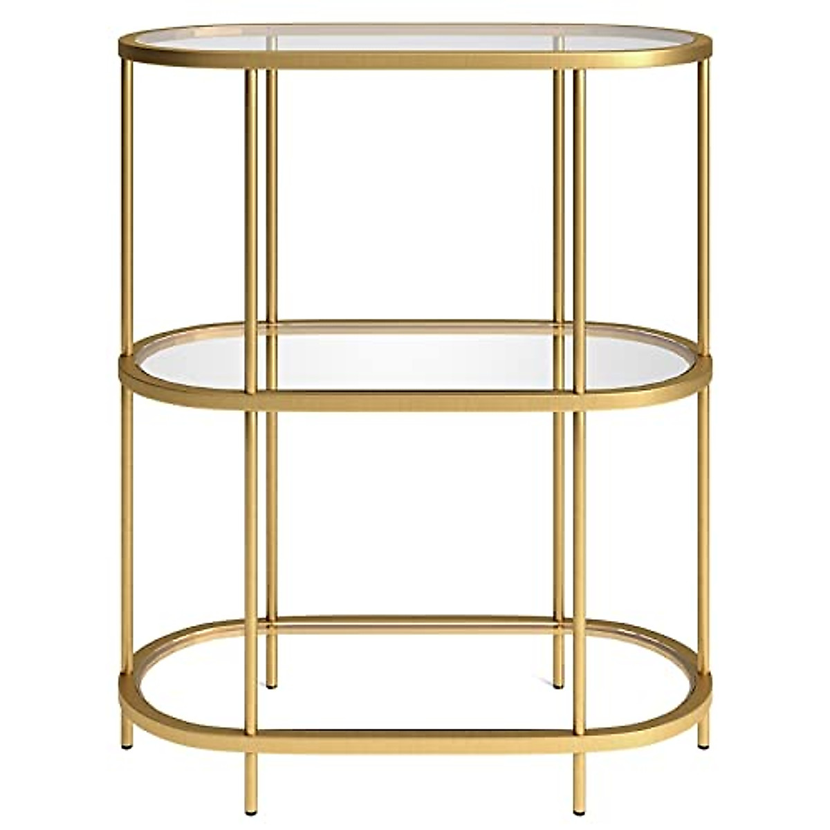 Pemberly Row Mid-Century Metal Bookcase with Glass Shelves in Brass