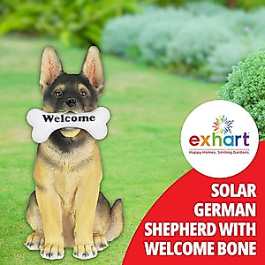 Exhart Garden Sculpture, Solar German Shepherd Dog Statue, LED Welcome Sign Bone, Outdoor Garden Decoration, 11.5 x 14.5 Inch