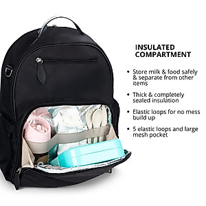 LOLA & ROAM Nylon and Vegan Leather Diaper Bag Backpack with Cooler Compartment and 5 Accessories, 5 Separate Compartments for Easy Use, Lightweight Baby Bag to Toddler to 2 Kids
