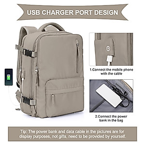 Large Travel Backpack Women, Carry On Backpack, Hiking Backpack Waterproof Outdoor Sports Rucksack Casual Daypack with USB Charging Port Shoes Compartment, Grey Brown