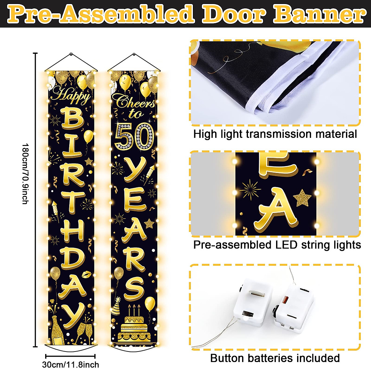 50th Birthday Party Banner Lighted Decorations for Women Men 50 Year Old Lighted Door Banners Black Gold Cheers to 50 Years Birthday Party Supplies Porch Sign with LED Light for Outside Lighted Decor