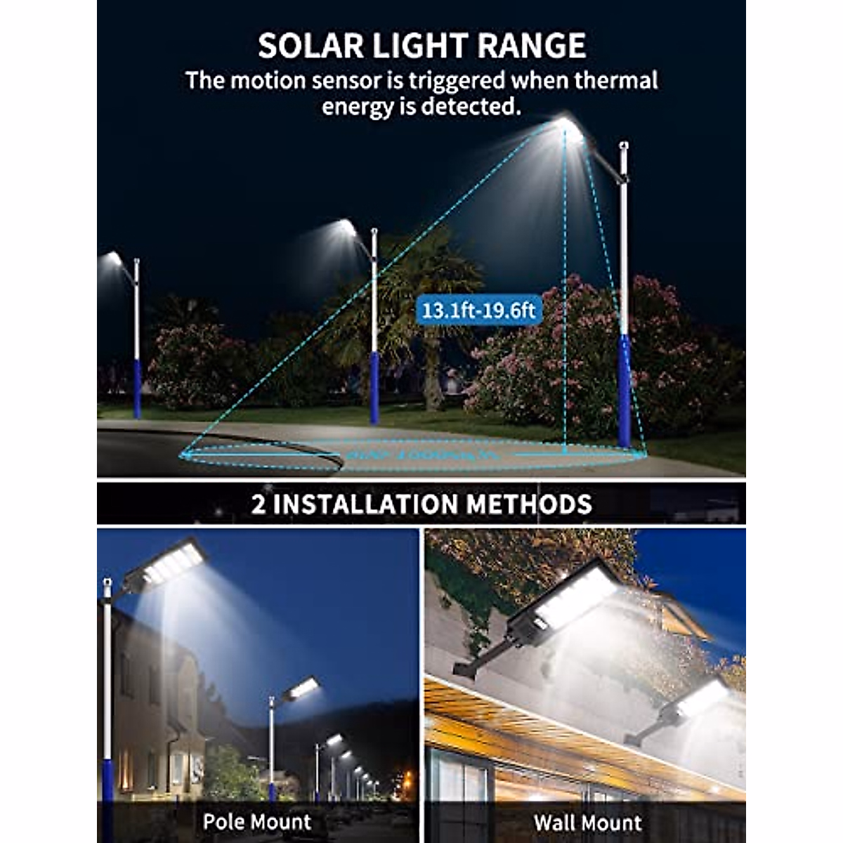 papasbox Solar Street Light 400W - 6500K LED Solar Power Street Lights with Panel 10000LM Dusk to Dawn Outdoor Flood Lighting Waterproof IP65 Exterior Motion Sensor Security Pole Lamp for Yard Garden