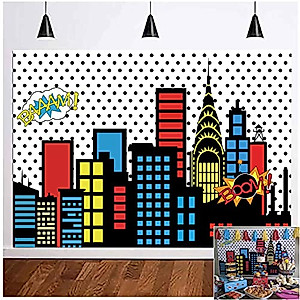 Art Studio 8x6ft Superhero Super City Photography Backdrops Skyline Buildings City Boom Photo Background Children Birthday Party Banner Photo Studio Booth Cake Table Decor