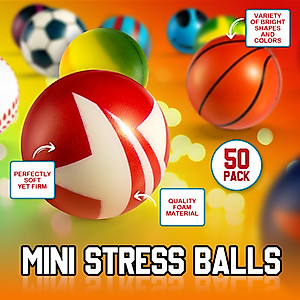 50 Mini Stress Balls For Kids And Adults - Bulk 2 Inch Assorted Soft Stress Relief Balls, Squishy Balls Sensory Fidget Toys, Party Favors, Birthday Gifts Goodie Bag Stuffers Stocking Stuffers For Kids