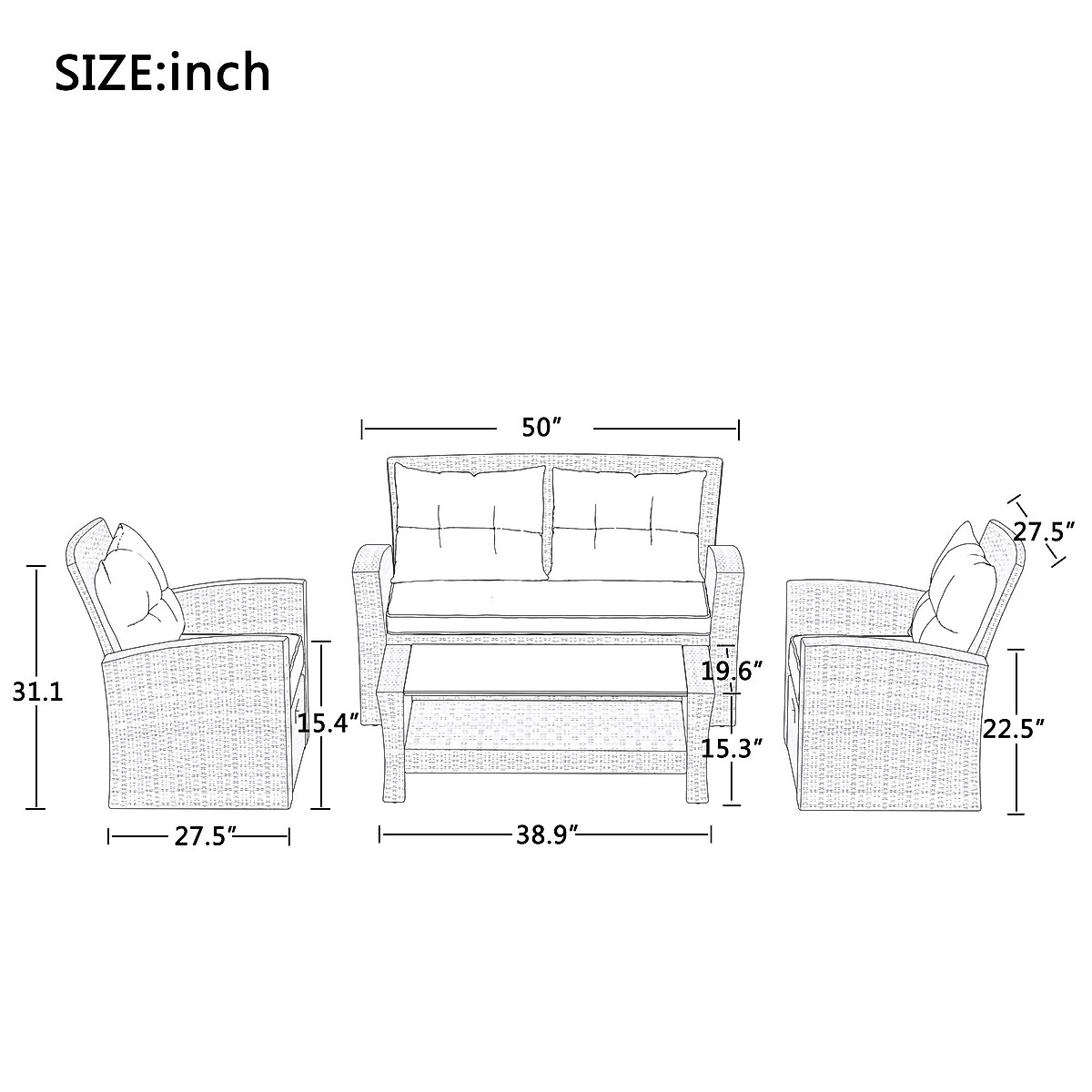 Merax Gray 4 Piece Outdoor Conversation Rattan Wicker Furniture Sectional Sofa Set with Ottoman Cushions