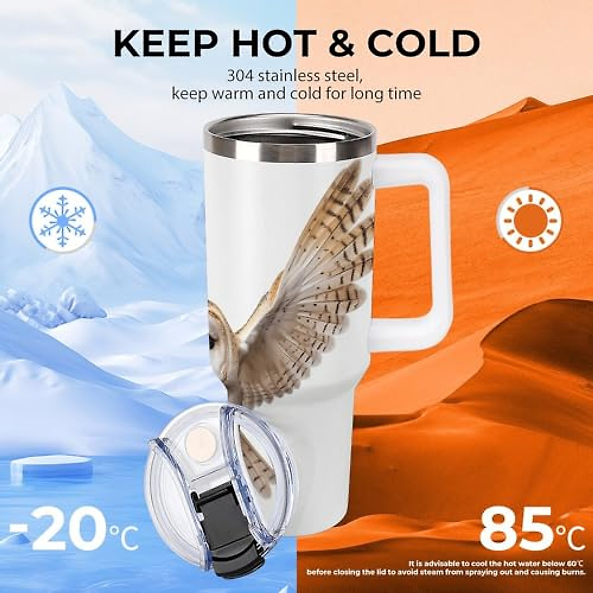 LLUTSNTH 40 Oz Vacuum Tumbler with White Handle Leakproof Insulated Tumbler A Barn Owl Stainless Steel Travel Mug with Lid And Straw Coffee Cup Cute Water Bottles Cup Holder Friendly