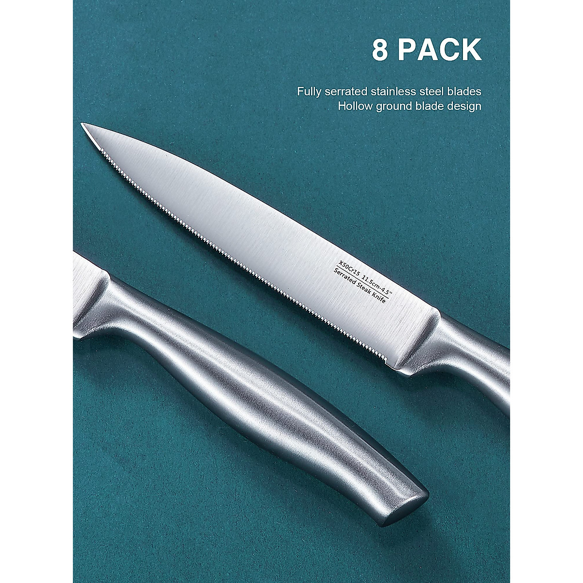 ZAWS Steak Knives, Knives Set of 8, Stainless Steel Knife Gift Box Set,Super Sharp Kitchen Serrated Knife, Ergonomic Tapered Handle, 9.1 IN, Silver
