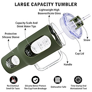 Zibtes 40 oz Glass Tumbler with Lid and Straws, Motivational Water Bottle with Time Marker and Silicone Protective Cover, Iced Coffee Cup with Handle,(Army Green)