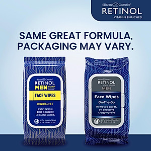 Retinol Men Facial Wipes Anti-Aging Cleansing Towelettes - Quickly cleanse face from sweat, oil and pore-clogging dirt without any heavy residue