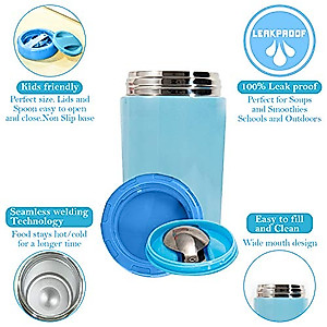 Thermos food jar - Food thermos for hot food - Leakproof vacuum insulated hot food jar for kids and adults with spoon - Soup Thermos - 13.5 Oz 400ml (Blue)