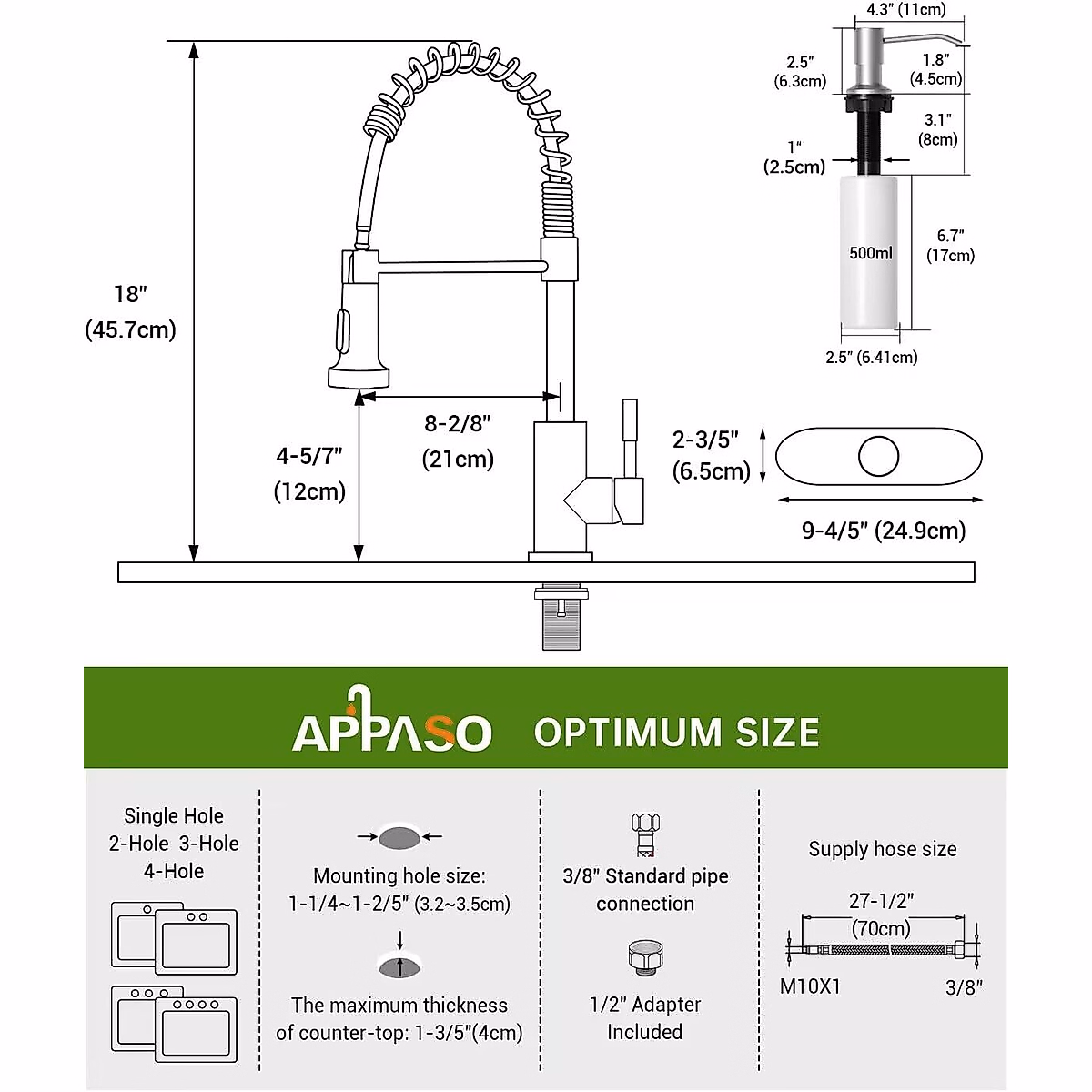 APPASO Commercial Kitchen Faucet with Soap Dispenser, 18'' Tall High Arc Kitchen Sink Faucet, Single Handle Commercial Spring Style Faucet with Pull Down Sprayer for Kitchen Laundry RV, Brushed Nickel