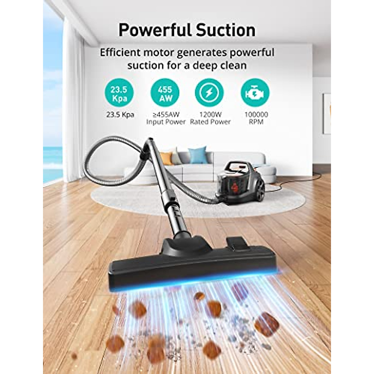Aspiron Canister Vacuum Cleaner, 1200W Lightweight Bagless Vacuum Cleaner, 3.7QT Capacity, Automatic Cord Rewind, 5 Tools, HEPA Filter, Pet Friendly Vacuum Cleaner for Hard Floors, Carpet, Pet Hair