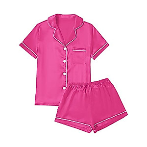 LYANER Women's Satin Pajamas Set Short Sleeve Button Shirt Silky Sleepwear with Shorts Set PJ Rose X-Small