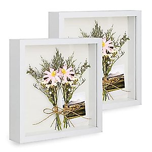 Anhow 2pcs 6x6 Shadow Box Frame, 3D Picture Frame Display Cas with Real Transparent Glass for Photos, Memorabilia, Crafts, Souvenir, Wedding Memories, Baby Items - White/ 1.2 Inch Depth
