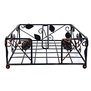 Iron Rustic Napkin Holder for Table – Flat Napkin Holder with Secure Pivoting Arm for Kitchen Tissue – Home Decor Black Napkin Holder with Bronze Leaves – Indoor and Outdoor Kitchen Decor by Maypes