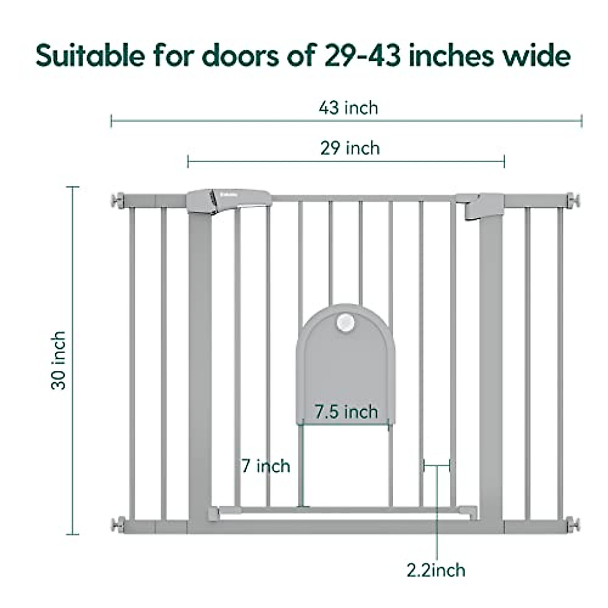 Babelio Auto Close Baby Gate with Small Cat Door, 29-43" Metal Cat Gate for Doorway, Stairs, House, Easy Walk Thru Dog Gate with pet Door, Includes 4 Wall Cups and 3 Extension Pieces, Gray