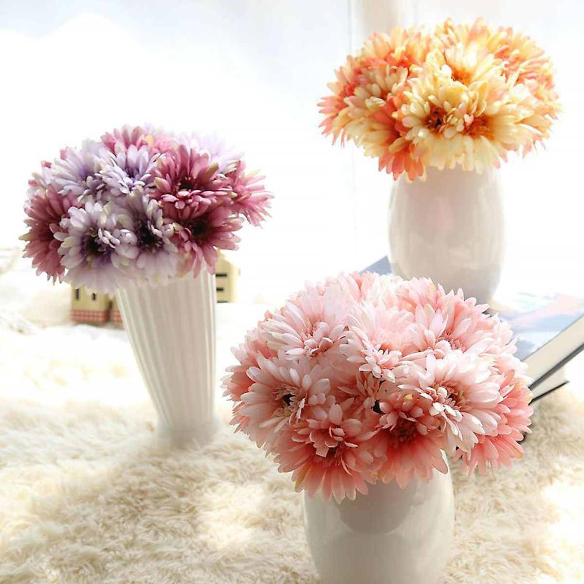 Artfen Artificial Gerbera Flower Artificial Daisy Flowers Bride Bridesmaid Holding Flowers 7 Stems Silk Daisies Flower Wedding Bouquet Living Room Office Party Garden DIY Decoration Autumn Scenery