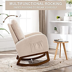 jeerbly Nursery Rocking Chair,Upholstered Fabric Accent Armchair,Wooden Padded Seat with 2-Side Pocket,Nursing Chair with Rubber Wood Legs,Glider Chair for Nursery,Living Room,Home Office (Beige)