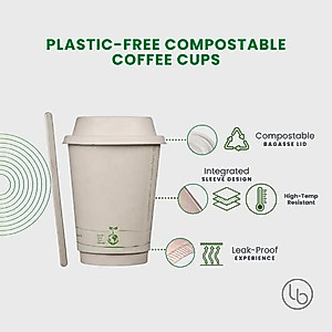 12oz Certified Compostable Coffee Cups by Living Balance | 75 cups with Bagasse Lids, Stirrers, and Integrated Sleeves