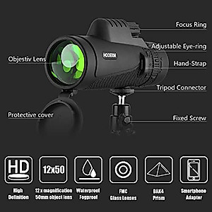 Hooerm HD Monocular Telescope for Smartphone, 12X50 High Powered Monoculars for Adults Kids with Clear Low Light Vision- Ideal for Bird Watching, Hunting, and Outdoor Activities, Upgraded