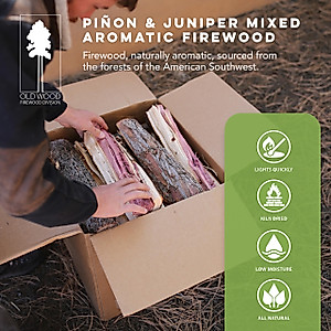 Old Wood Piñon and Juniper Firewood, Approximately 70lbs Box - Aromatic Blend for Indoor and Outdoor Use, 13"-14" Length, Southwest Scent - Fireplace, Fire Pit, Ambiance - 35 Box Packaging