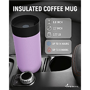 16 Oz Insulated Coffee Mug with Push Button Lid - Leakproof Reusable Travel Thermos Water Bottle - Stainless Steel Tumbler Cup for Coffee, Water, Tea - 12 Hours Cold & 5 Hours Hot - by Peakvil