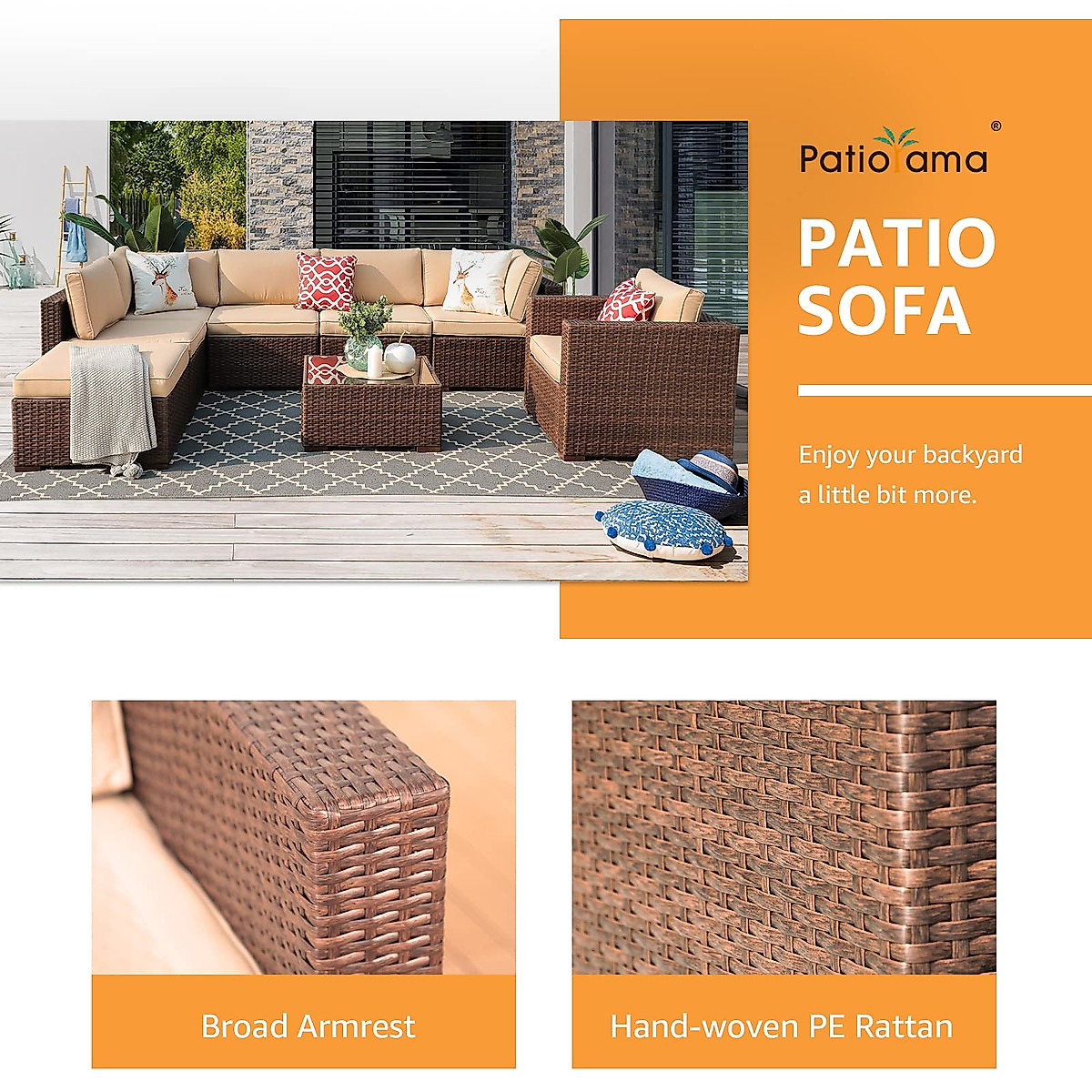 Patiorama 2-Piece Patio Furniture Sofa Set, Outdoor Sectional Sofa, All-Weather Brown PE Wicker Rattan Conversation Set, Outdoor Loveseat, Patio Seating for Balcony Garden Pool (Beige Cushion)