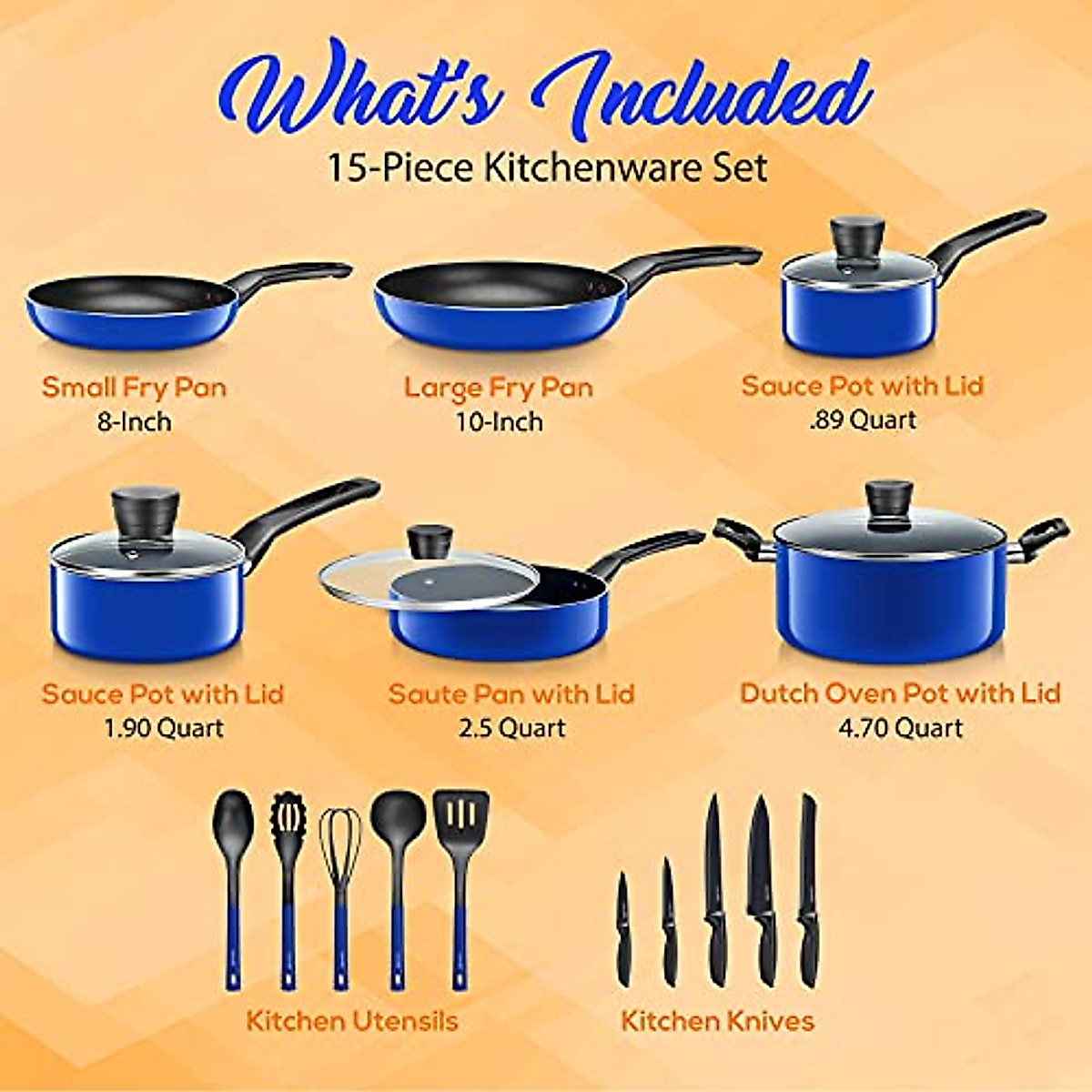 SereneLife Kitchenware Pots & Pans Basic Kitchen Cookware, Black Non-Stick Coating Inside, Heat Resistant Lacquer (20-Piece Set), One Size, Blue