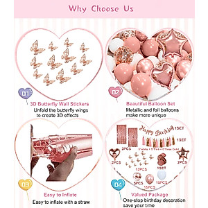 Rose Gold Birthday Party Decorations Kit for Women 73 Pieces, Happy Birthday Banner, Fringe Curtains, Butterfly Decor, Foil Balloons for 13th 16th 20th 21st 30th 35th 50th 60th Girls Men Party Supplies