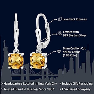 Gem Stone King 925 Sterling Silver Yellow Citrine Drop Dangle Earrings For Women | 1.86 Cttw | Gemstone November Birthstone | Cushion 6MM