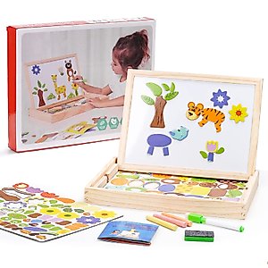 wskvoker 85-Pieces Magnetic Puzzle Drawing Board,Animal World Cognition Puzzles Travel Toy，Preschool Educational Learning Toys Set for 3 4 5 Year Old Boys Girls with Organize Box