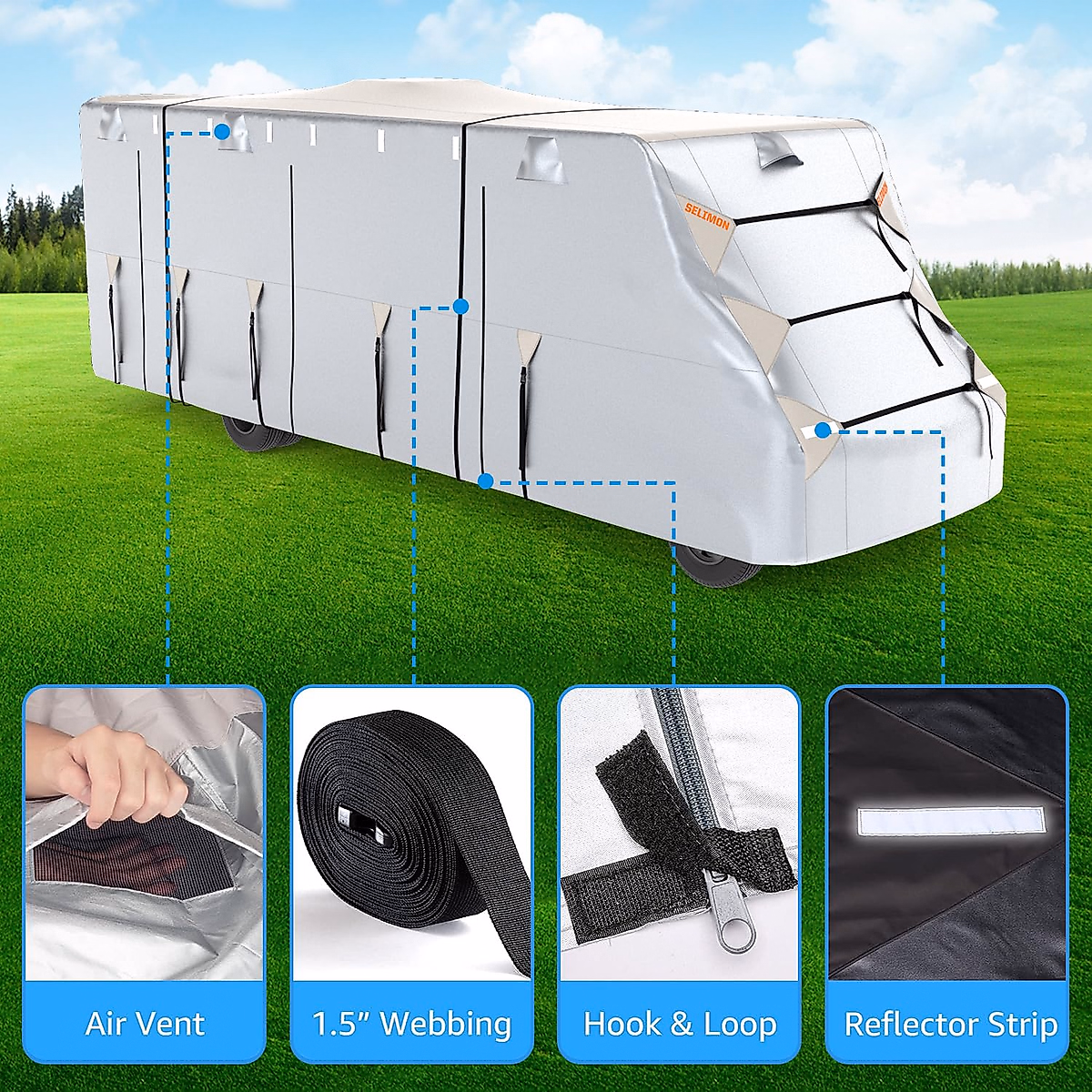 SELIMON 300D Top Class C RV Cover with Waterproof PU Coating Rip-Resistent & Anti-UV Winter Camper Cover Fits 23' to 26' Motorhome