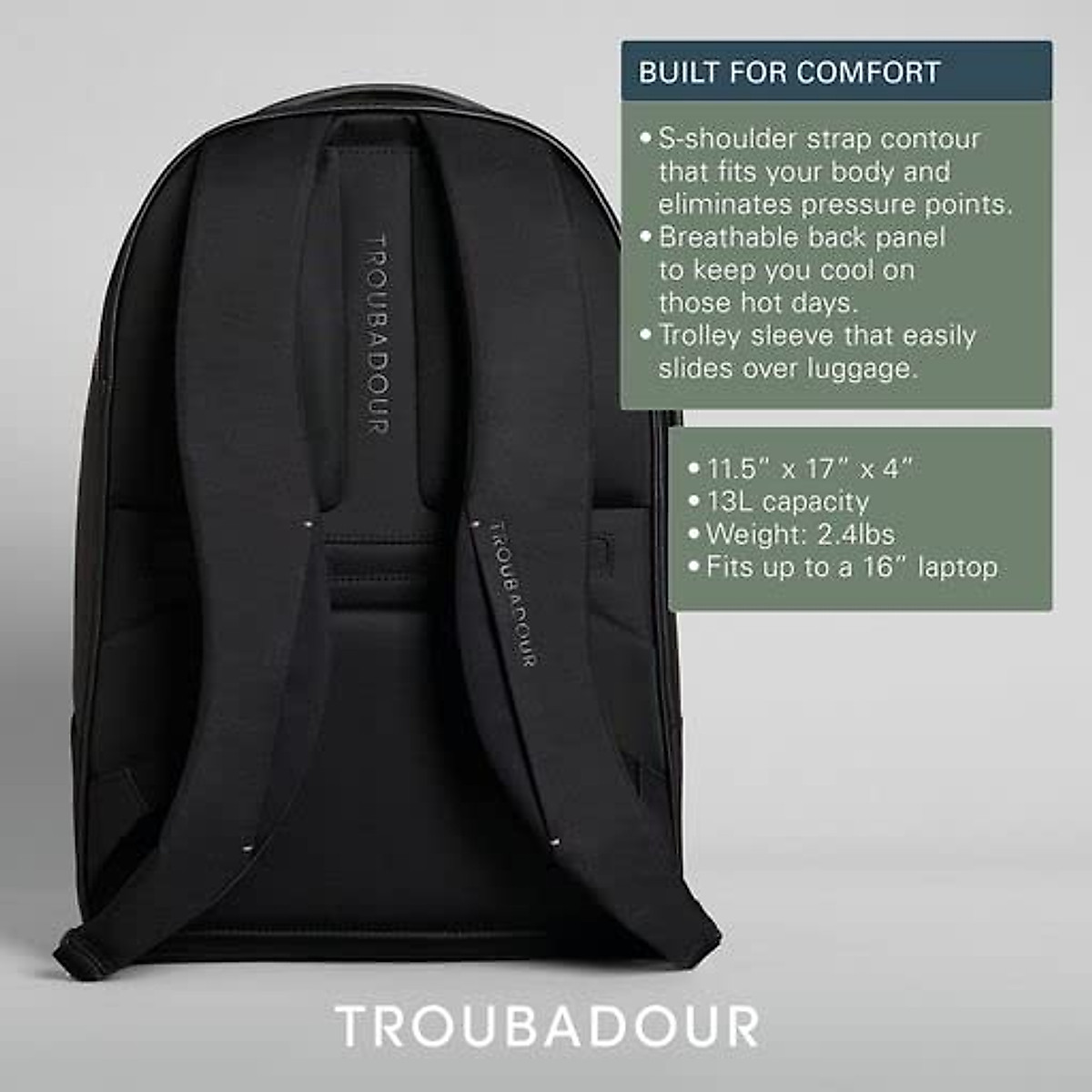 Troubadour Ember Backpack Waterproof, Durable, Lightweight - Padded 16-inch Laptop Compartment - Breathable Back Panel - Ergonomic Design - Luxurious Grab Handle - Trolley Sleeve