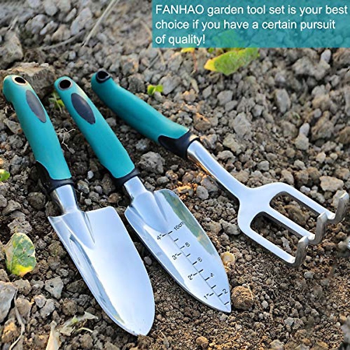 FANHAO Garden Tools Set, 3 Piece Heavy Duty Gardening Tools Cast Aluminum with Soft Rubberized Non-Slip Handle, Durable Garden Hand Tools Garden Gifts for Men Women