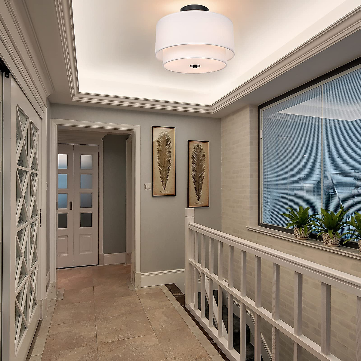 Modern Flush Mount Ceiling Light Fixture - Easric Light Fixtures Ceiling Mount Hallway Light Fixtures Ceiling with White 2-Layer Fabric Shade Drum Ceiling Lights for Bedroom,Living Room,Kitchen,Foyer