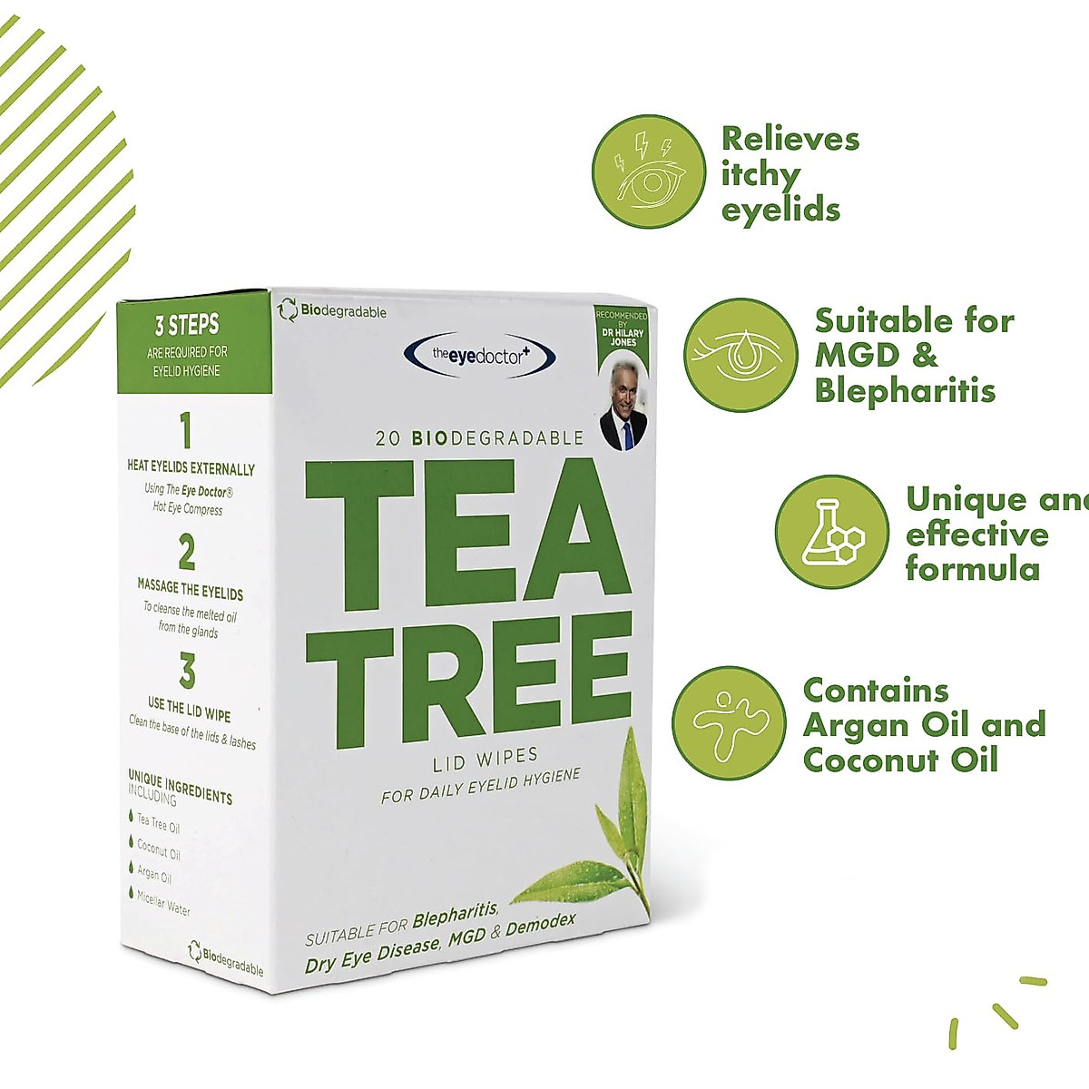 The Eye Doctor Tea Tree Eyelid Wipes - 40x Cleansing Lid Wipes Suitable for Dry Eye Blepharitis MGD & Demodex - Tea Tree, Coconut & Argan Oil
