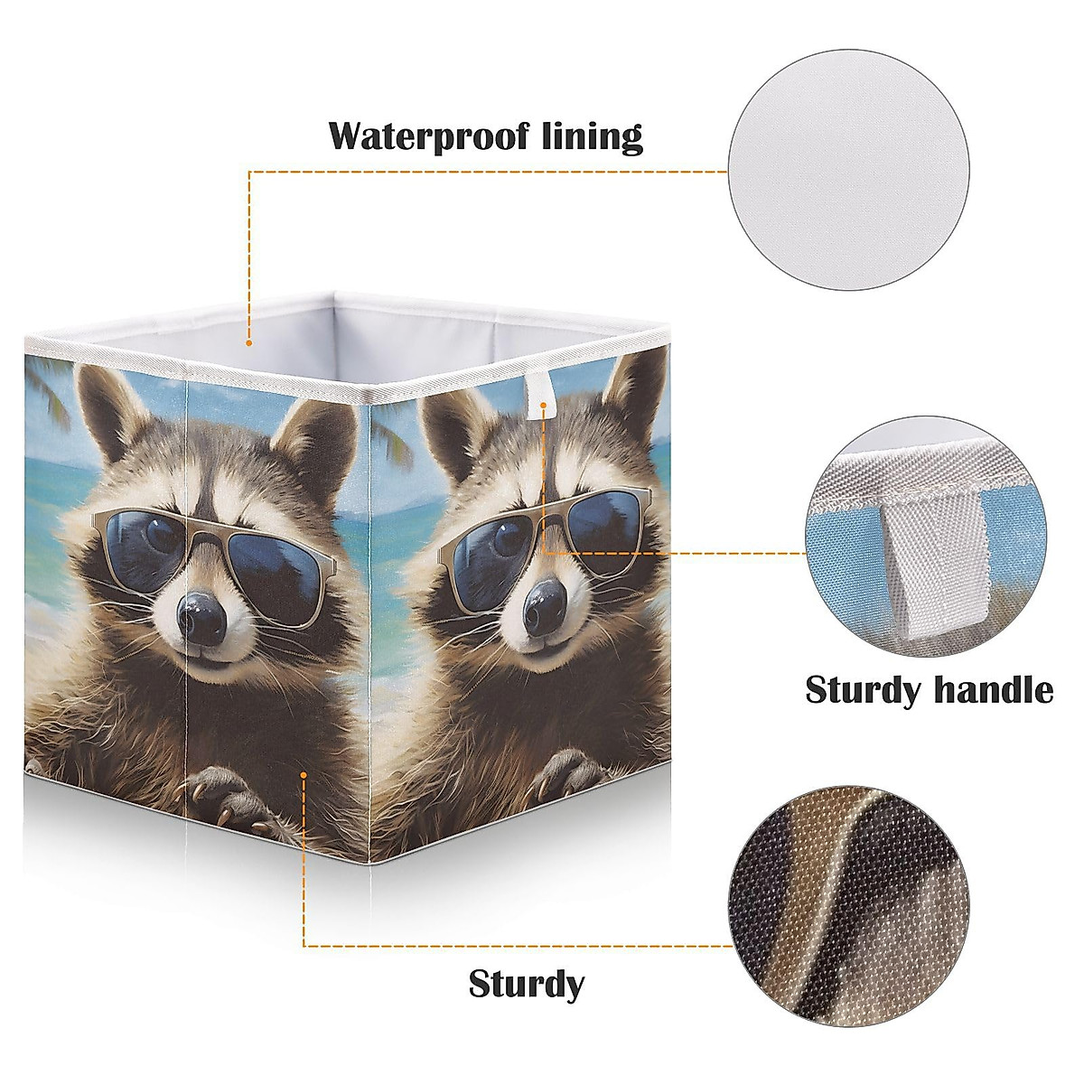 YMGQYJ Collapsible Storage Cube Beach Raccoon Print, Organizing Baskets with Reinforced Board for Shelf Closet Cabinet 11×11×11 in
