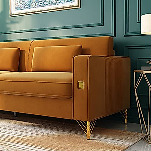 ANTTYBALE 85.63" Velvet Sofa,Modern Loveseat Couch with Pillows Set of 2 for Living Room,Bedroom,Apartment Furniture with Gold Metal Legs (Orange)