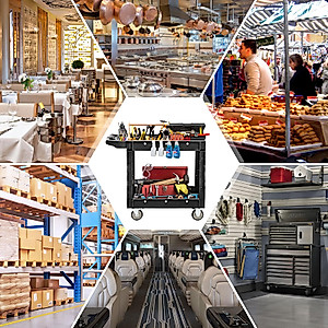 LoJok 640 LBS Capacity Heavy Duty Utility Cart with Wheels, Plastic 2-Tier RollingTool Cart Black, 360° Universal Wheels with 2 Brakes for Warehouse, Garage