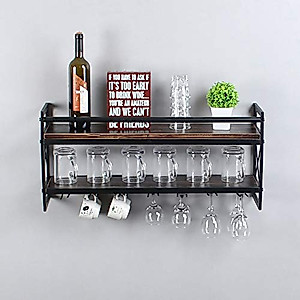 OISSIO Industrial Stemware Rack,Wine Rack Wall Mounted with Wood Shelves,2 Tier Stemware Storage with 7 Stem Glass Holder for Wine Glasses,Mugs,Home Decor,Retro Black(30 inch)