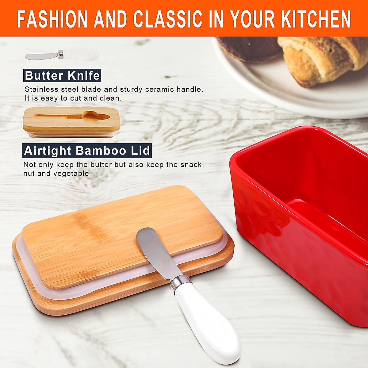 Gute Butter Dish, Ceramic Butter Dish with Lid and Knife for Countertop, Double Silicone Seal Butter Keeper,Large Butter Container For West East Coast Butter,Unique Stone Pattern,Red