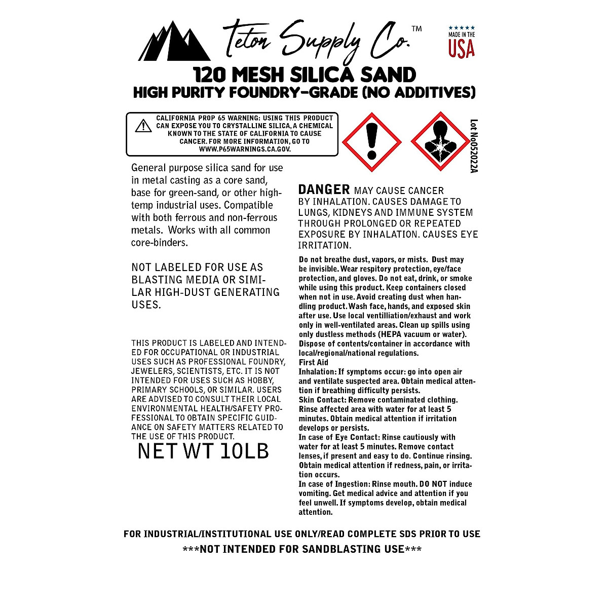 Teton supply co. Pure Silica Sand, high Purity (120 mesh) for Foundry kiln-Dried (10lb)