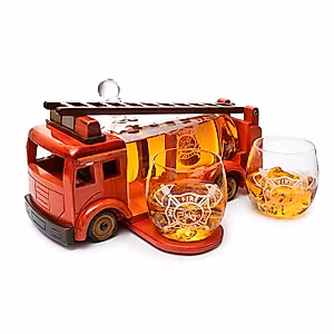 Firetruck Whiskey Decanter with Two 12 oz Glasses Gift Firefighter Gifts, Fireman, Fireman Figurine, Police Gifts, Fire Department Gifts, Gift for Firefighters ! 600ml 13" L 6" H Gifts for Dad