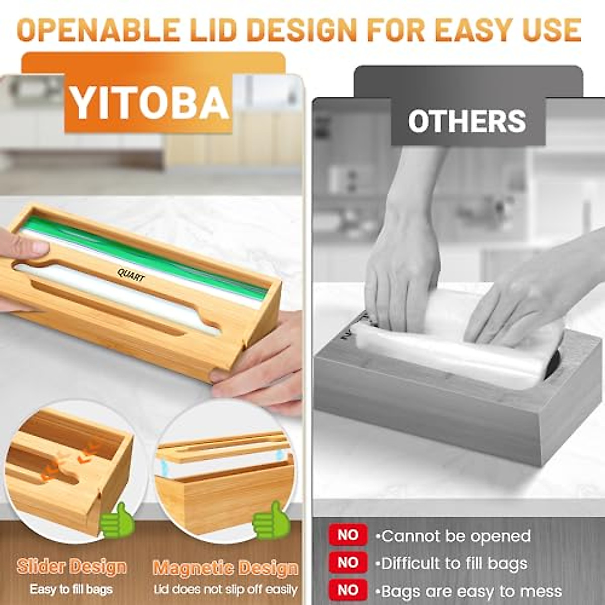 YITOBA 6 In 1 Bag Storage Organizer with Foil and Plastic Wrap Organizer, Extended Aluminum Foil Dispenser, Bamboo Baggie Organizer for Drawer, Sandwich Bag Organizer for Gallon, Quart, Snack