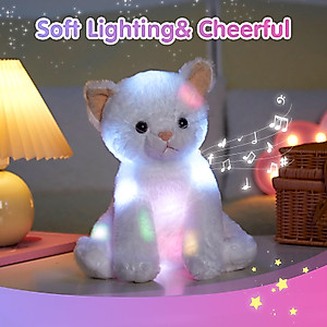 Houwsbaby 12'' White Musical Light Up Cat Stuffed Animal Kitty Plush Toy Singing LED Glowing Cat Plush Toy Christmas Festival Birthday Presents for Kids Girls Boys