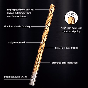 Titanium Drill Bit Set, HSS Twist Drill Bits, Quick Change Drill Bits Set Straight Shank, 135 Degree Metal Drill for General Purpose, 1/16"-1/2" by 11/64" 13 Piece Kit with Storage Case