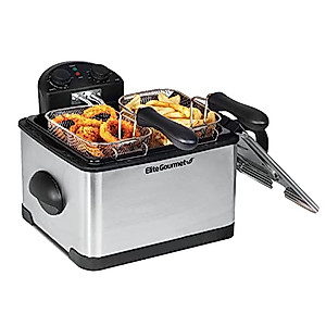 Elite Gourmet EDF-401T 1700-Watt Triple Basket, Timer Control, 17-Cup Oil Capacity, Electric Immersion Deep Fryer with Temperature Knob and Lid with View Window